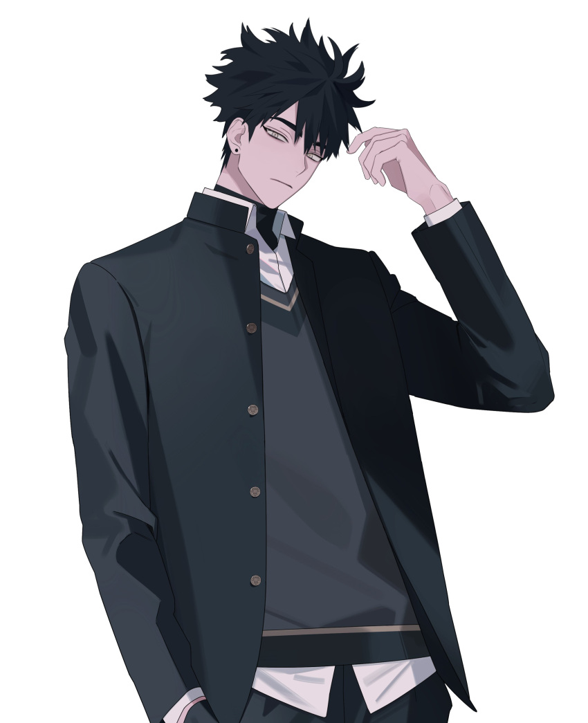 Safebooru - 1boy absurdres black hair black jacket black pants closed mouth collared shirt ...