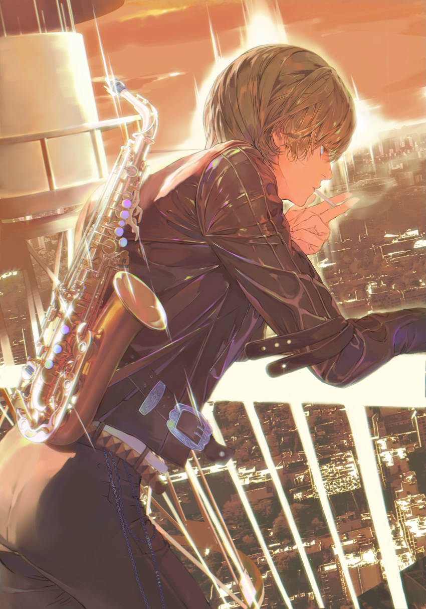 Safebooru - 1boy absurdres against railing belt buckle black jacket black pants black shirt ...