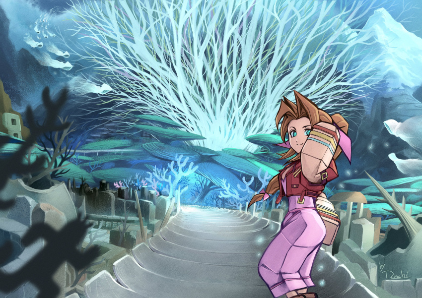 Safebooru - 1girl absurdres aerith gainsborough bangle boots bracelet braid braided ponytail ...