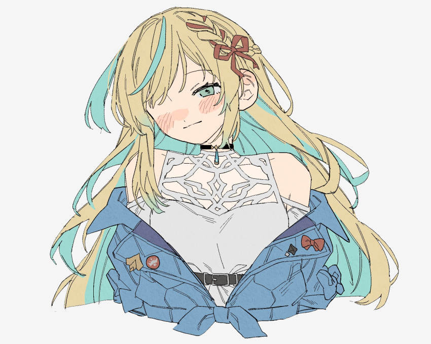 Safebooru - 1girl black choker blonde hair blue hair blue jacket blush braid breasts choker ...