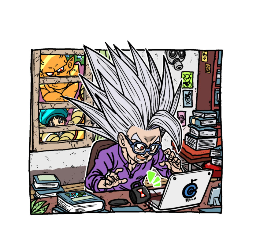 Safebooru - 1girl 2boys colored skin computer cup dragon ball dragon ...