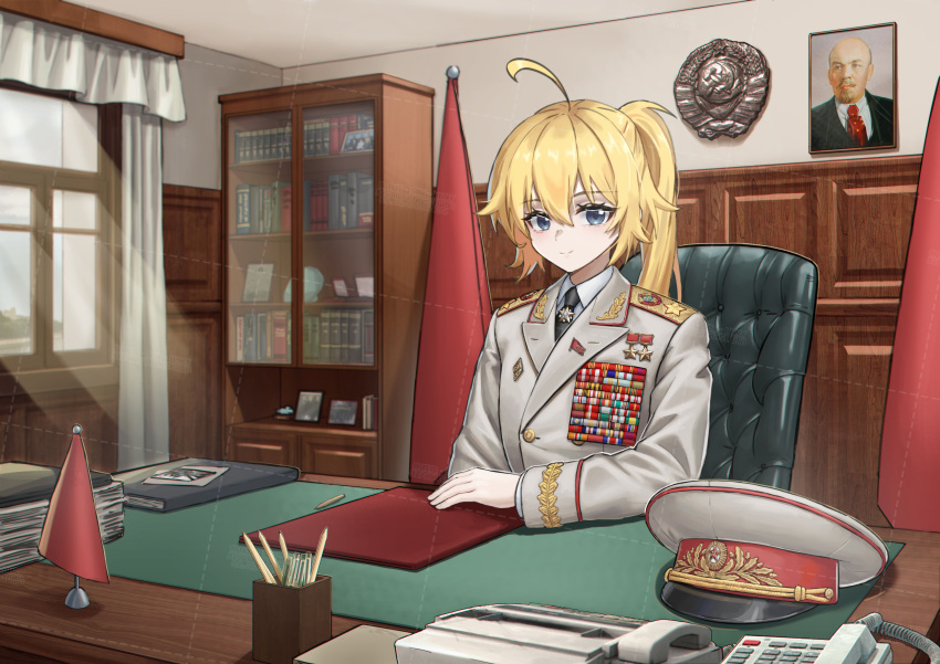 Safebooru - 1girl absurdres black necktie blonde hair cold war grey jacket hammer and sickle hat ...