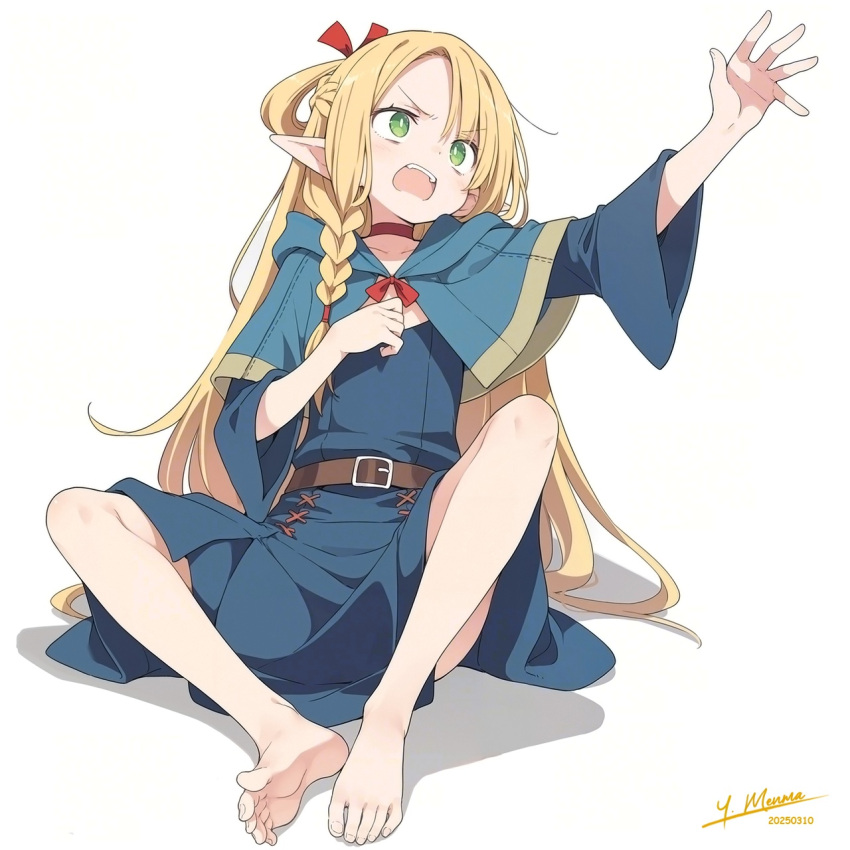 Safebooru - 1girl barefoot belt blonde hair blue robe capelet dungeon meshi feet green eyes ...