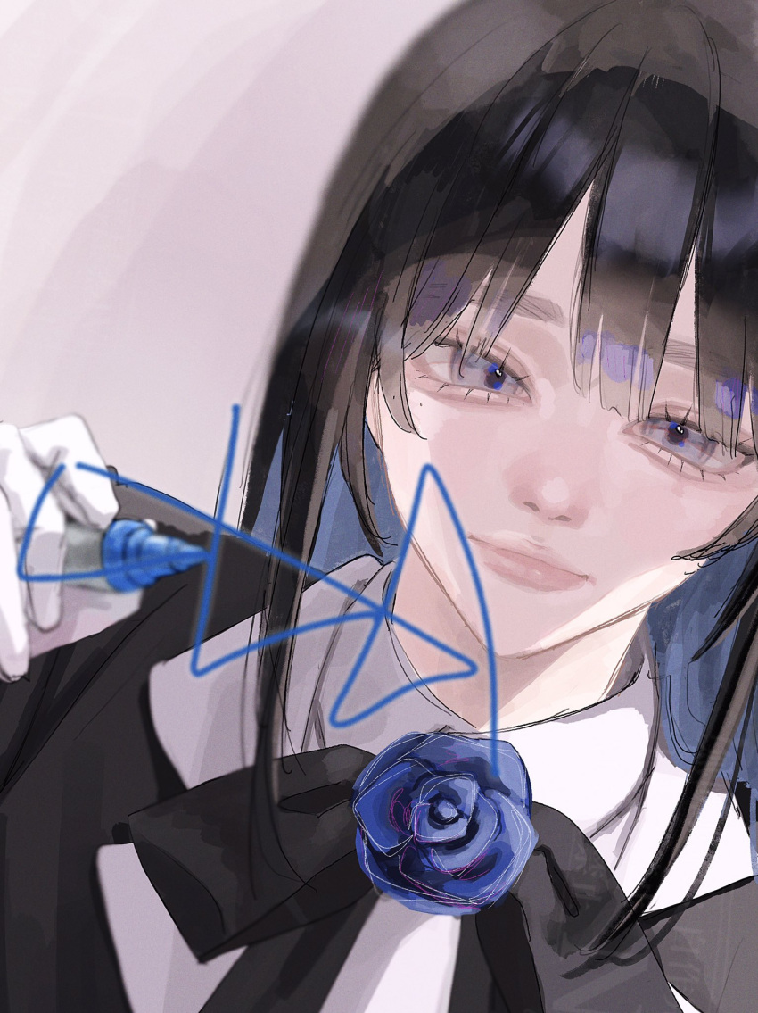 Safebooru - 1girl ado (utaite) aegyo sal black bow black bowtie black hair blue flower blue hair ...