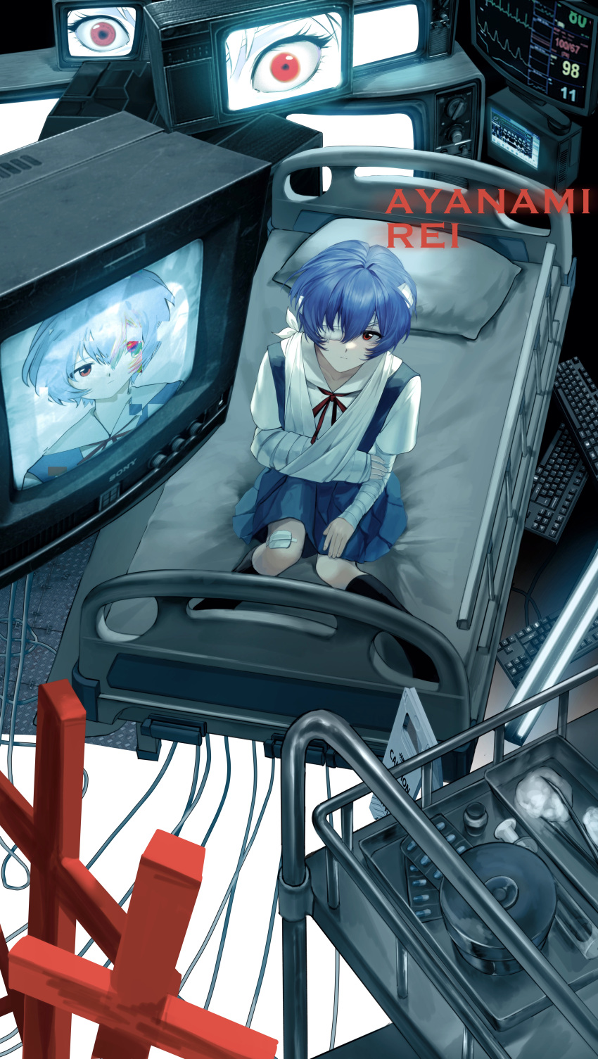 Safebooru - 1girl absurdres arm sling ayanami rei bandaged arm bandaged head bandages bed black ...