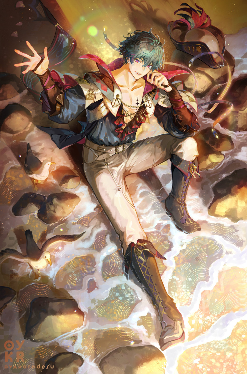 Safebooru - 1boy absurdres artist logo black boots blue hair blue shirt boots brant (wuthering ...