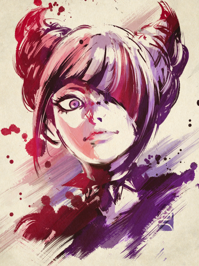 Safebooru - 1girl absurdres black hair close-up diagonal bangs hair horns hair over one eye han ...