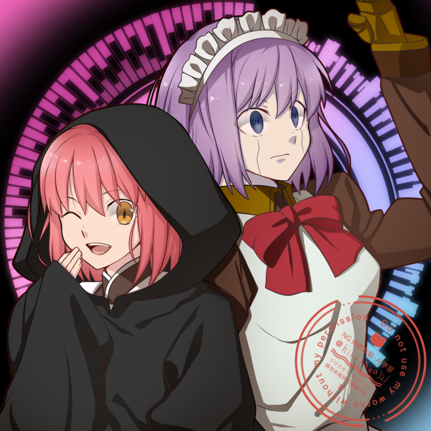 Safebooru - 2girls black background black cloak blue eyes cloak highres ...