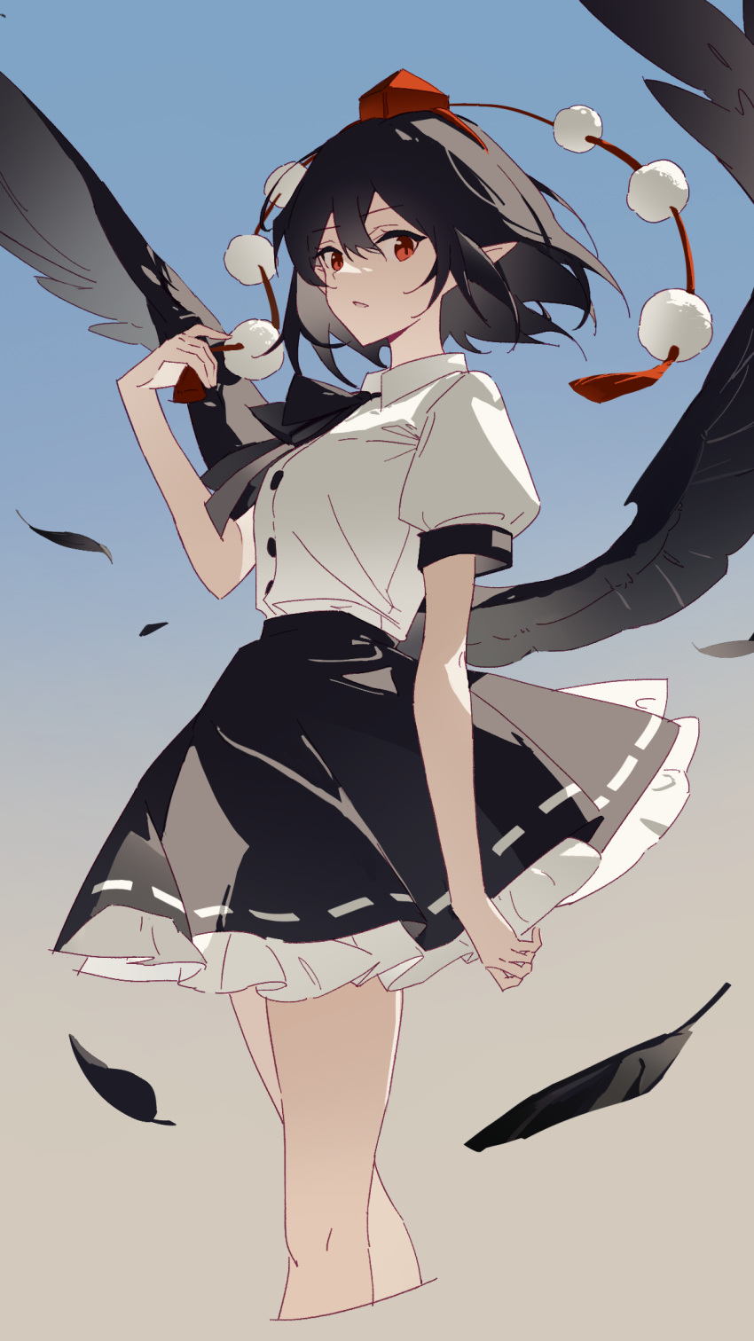 Safebooru - 1girl black bow black bowtie black feathers black hair black skirt black wings bow ...