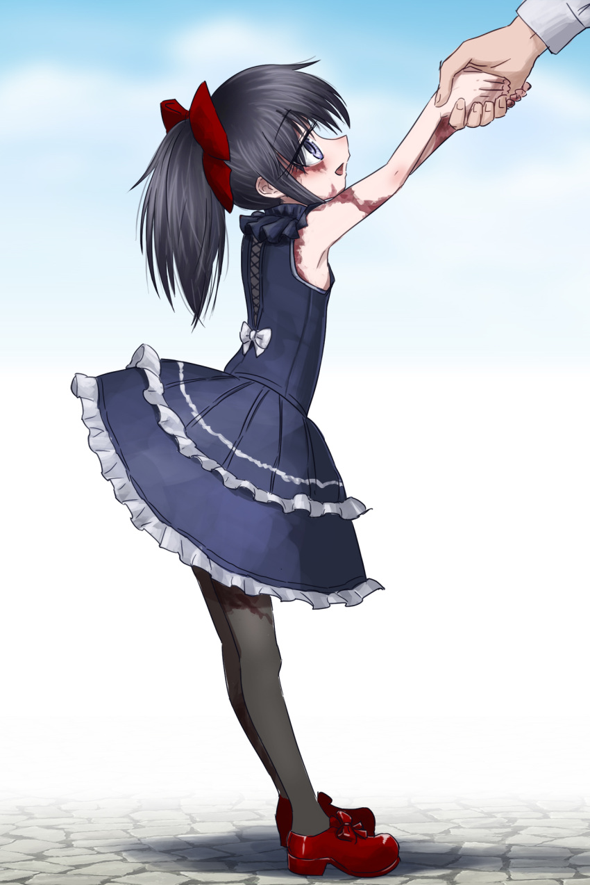 Safebooru - 1girl bare shoulders black hair black legwear blue eyes bow ...