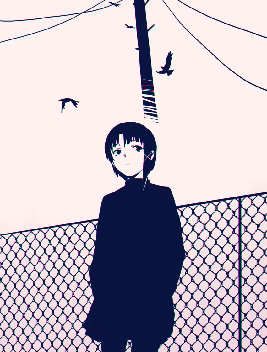 Safebooru - 1girl bird chain-link fence closed mouth coat commentary ...