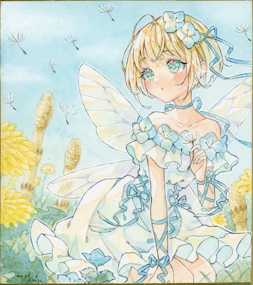 Safebooru - 1girl amu (m aa) arm ribbon blonde hair blue dress blue flower blue ribbon blue sky ...