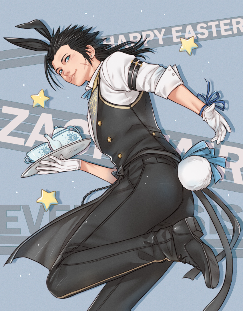 Safebooru - 1boy animal ears arm ribbon black hair black pants black ...
