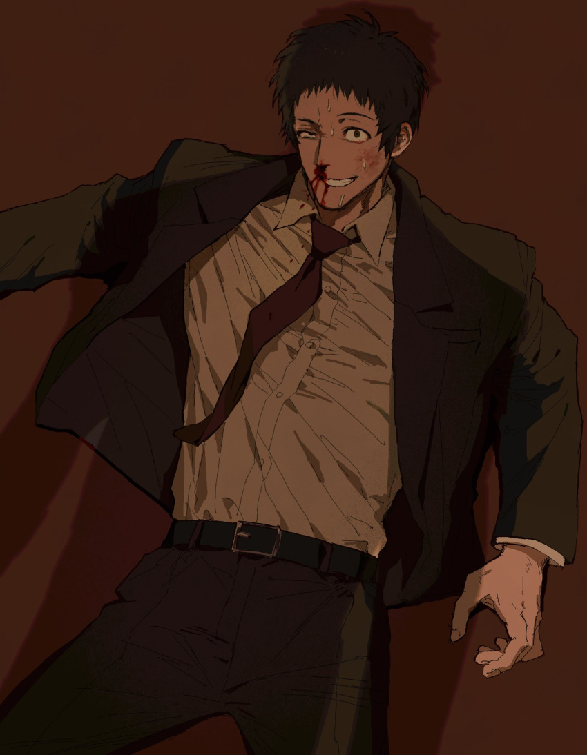 Safebooru - 1boy adachi tooru belt black belt black hair black jacket black pants blood brown ...
