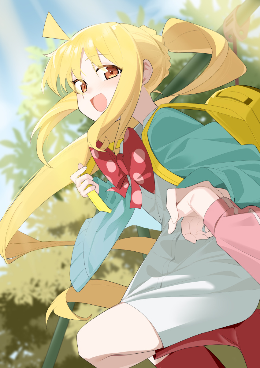 Safebooru - 2girls :d absurdres ahoge backpack bag blonde hair bocchi the rock! boots bow bowtie ...