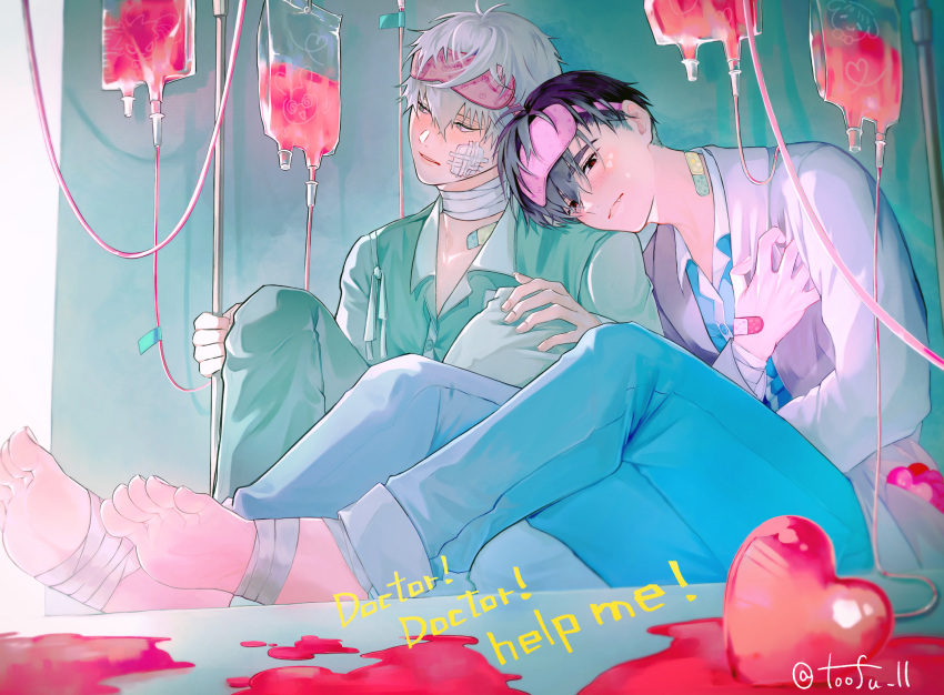 Safebooru - 2boys alien stage aqua pants aqua shirt bandaged foot bandaged neck bandages bandaid ...