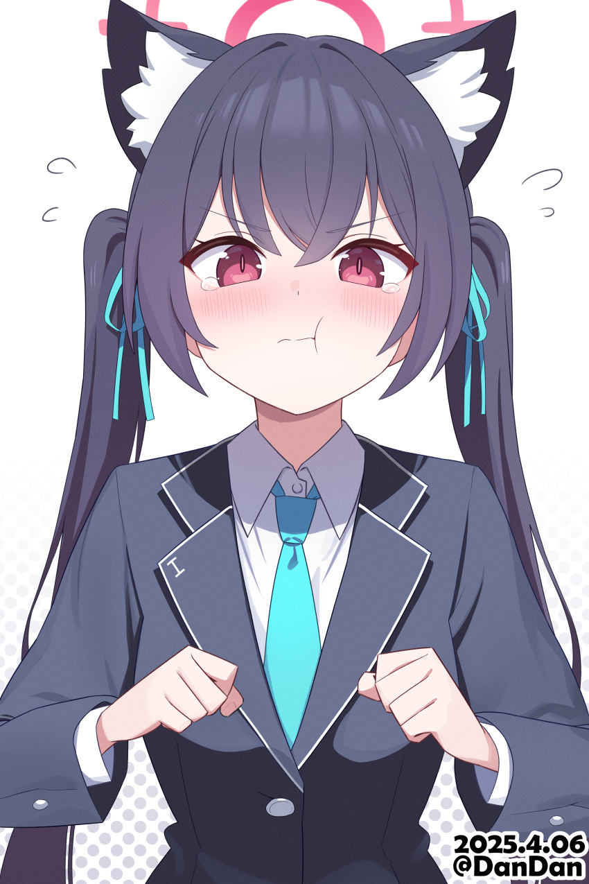 Safebooru - 1girl :t absurdres animal ear fluff animal ears aqua necktie aqua ribbon black hair ...
