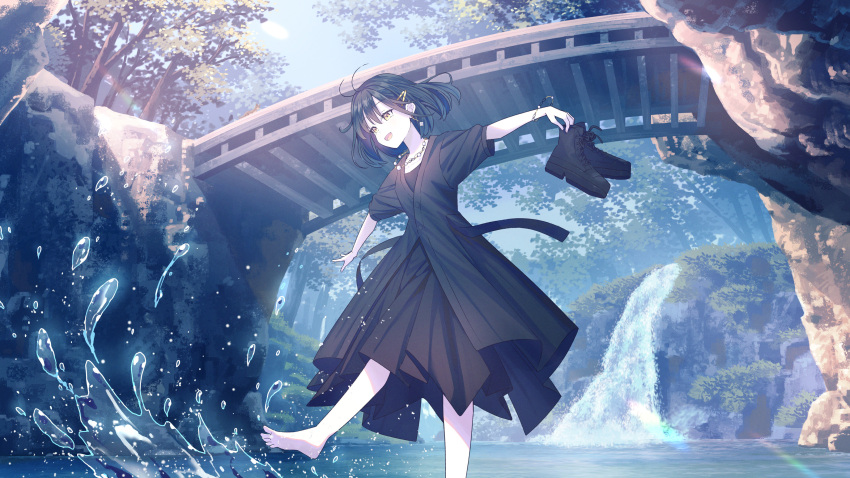 Safebooru - 1girl absurdres barefoot black boots black dress black hair boots bracelet bridge ...