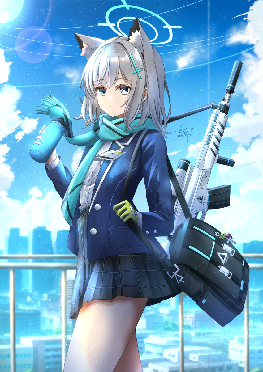 Safebooru - 1girl animal ear fluff animal ears assault rifle bag black background black skirt ...