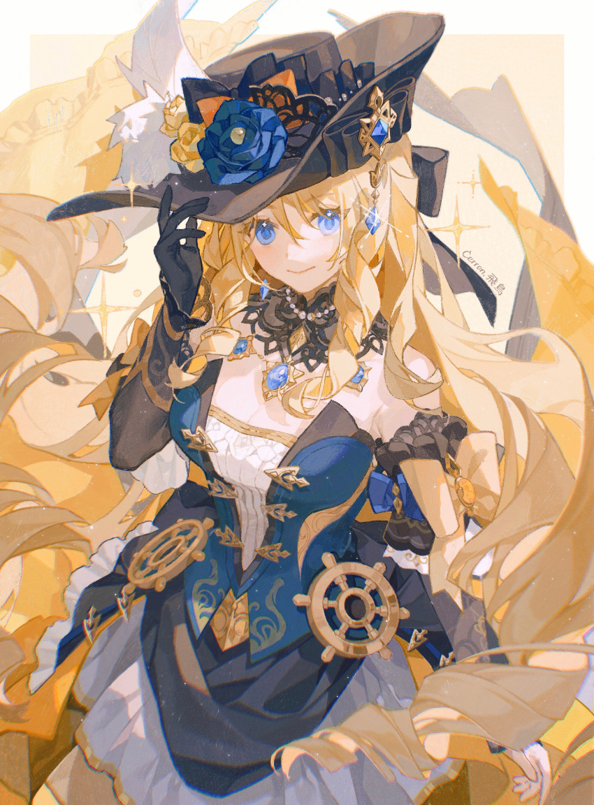 Safebooru - 1girl absurdres artist name bare shoulders black gloves black hat blonde hair blue ...