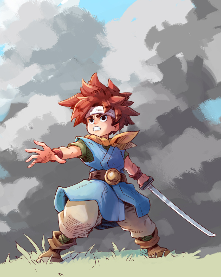 Safebooru - 1boy baggy pants belt black eyes blue tunic boots bracer brown belt brown boots ...