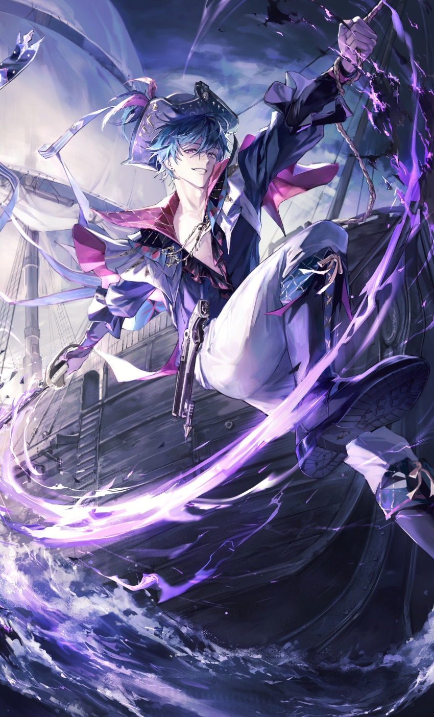 Safebooru - 1boy absurdres black boots blue hair blue shirt boots brant (wuthering waves) cha ...