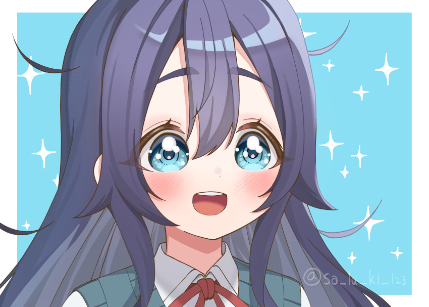 Safebooru - 1girl absurdres blue background blue eyes blue hair blush border highres kimi no ...