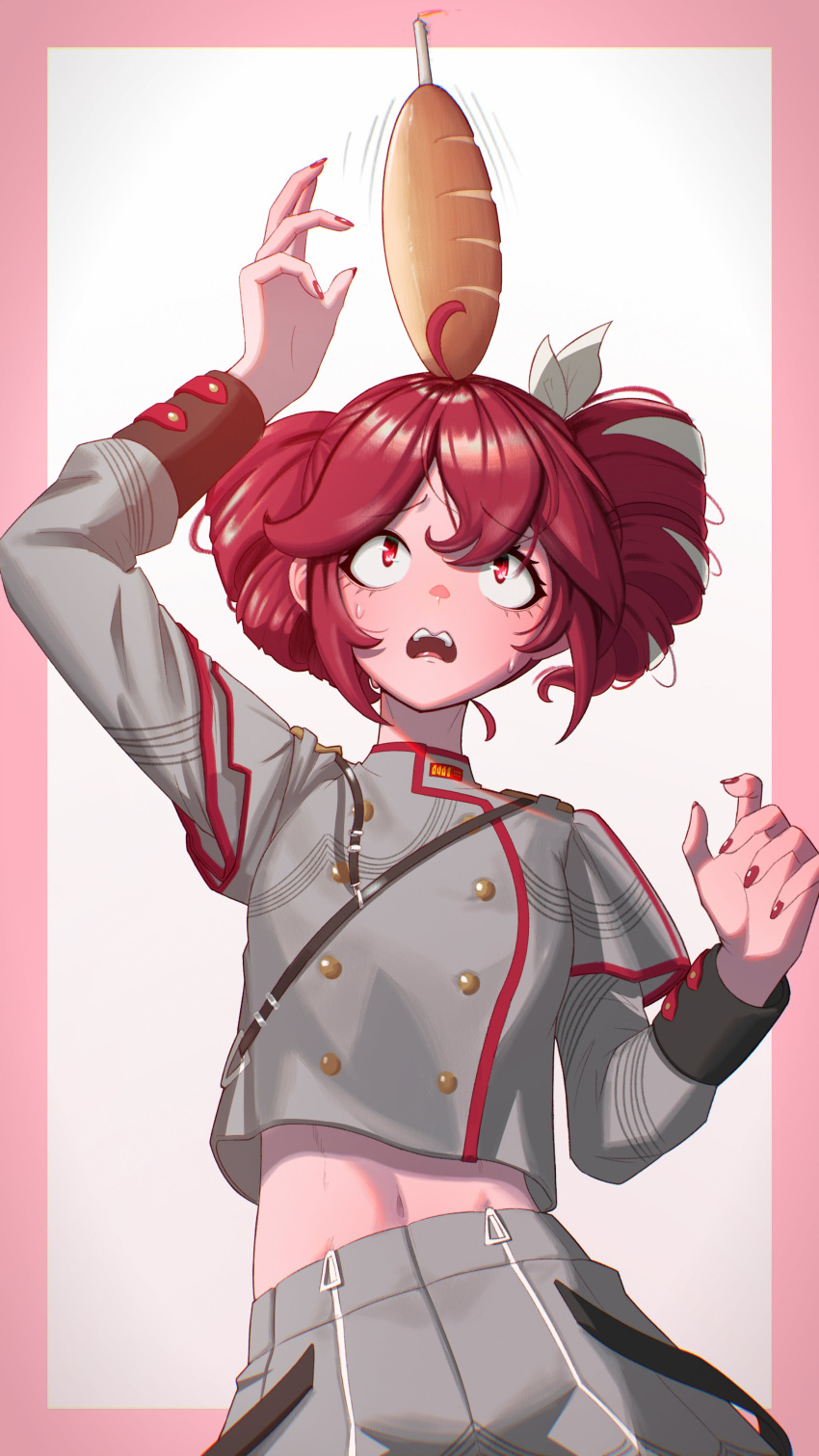 Safebooru - 1girl absurdres ahoge arm up birthday black sleeve cuffs border bow bread buttons ...