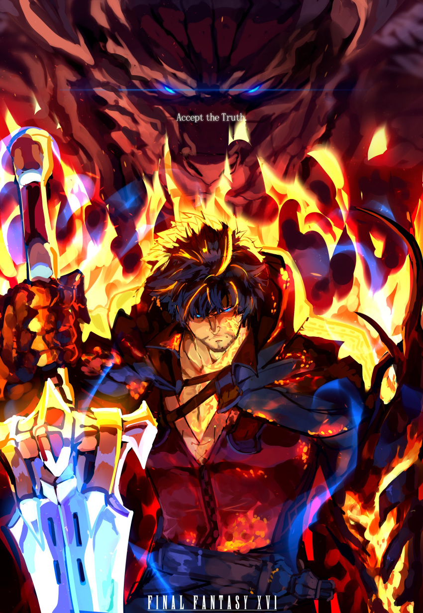 Safebooru - 1boy absurdres beard black cape black hair blue eyes blue fire burning burning ...