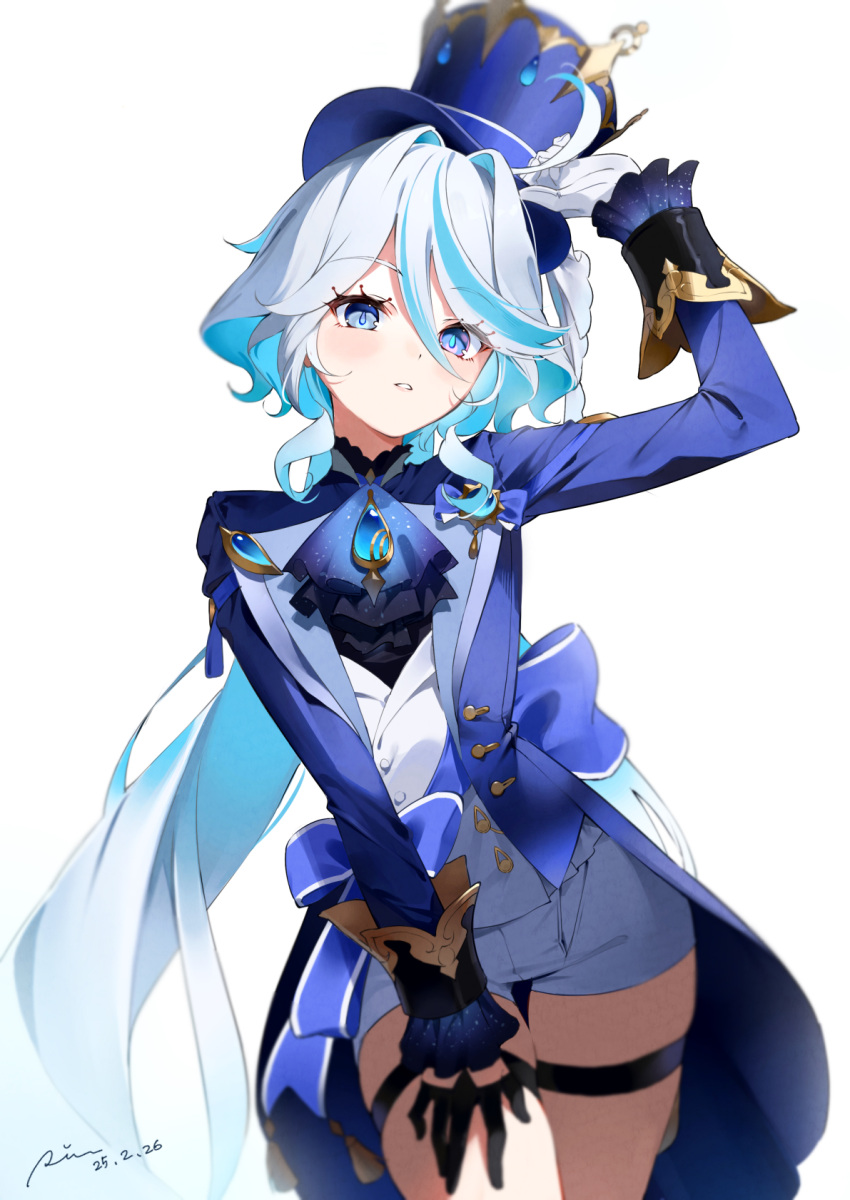 Safebooru - 1girl arm up ascot asymmetrical gloves black gloves blue ascot blue eyes blue ...