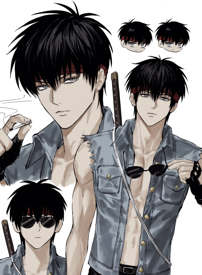 Safebooru - 1boy abs belt black hair character request cigarette copyright request fingerless ...