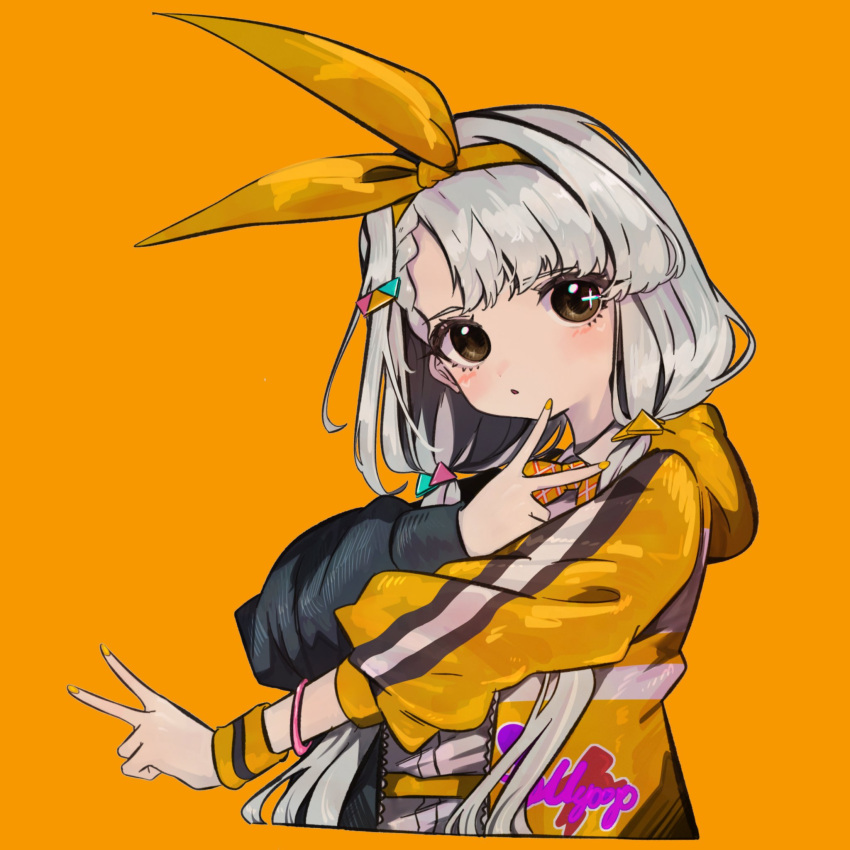 Safebooru - 1girl anderson m0311 blush braid brown eyes double v grey hair hairband highres ...