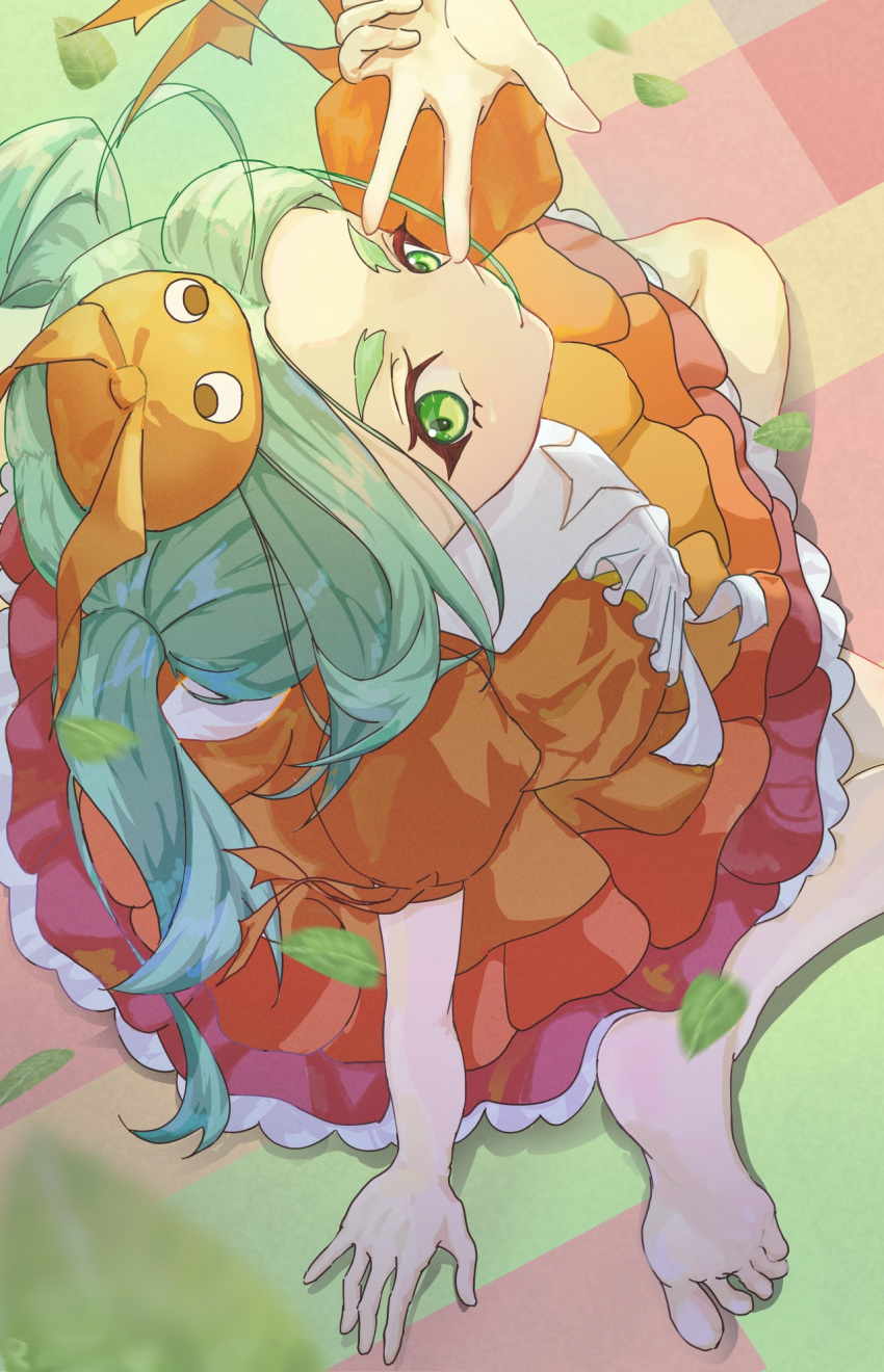Safebooru - 1girl anninso aqua hair barefoot blurry blurry foreground closed mouth dress feet ...