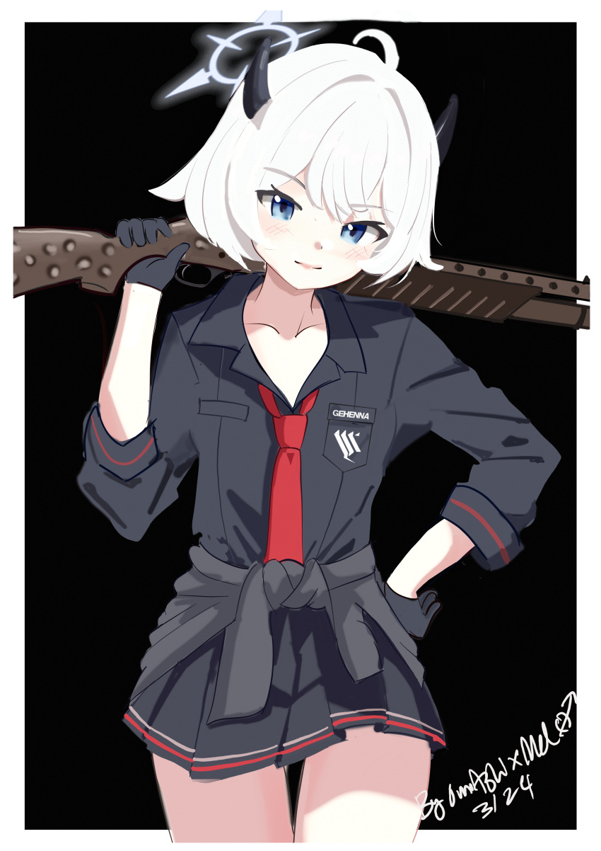 Safebooru - 1girl absurdres artist name black background black gloves black shirt black skirt ...