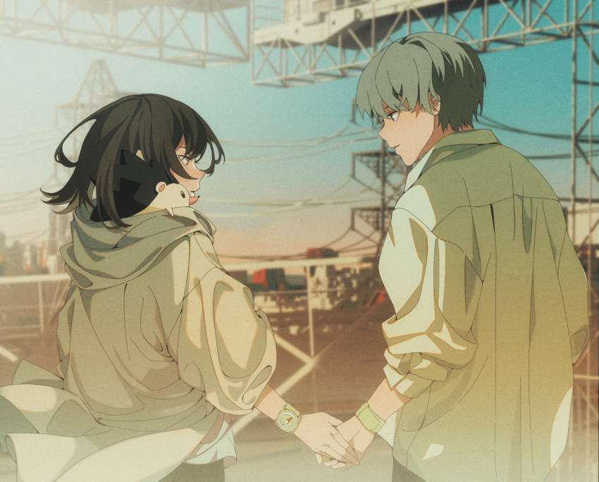 Safebooru - 1boy 1girl absurdres animal on shoulder back black hair collared shirt colored inner ...