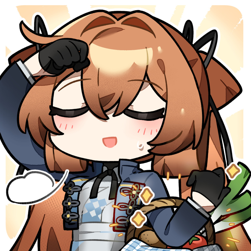 Safebooru - 1girl artist request basket black gloves black ribbon breath brown hair chibi ...