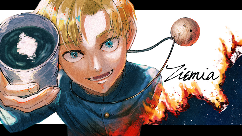 Safebooru - 1boy blonde hair blue eyes blue jacket burning chi.: chikyuu no undou ni tsuite cup ...