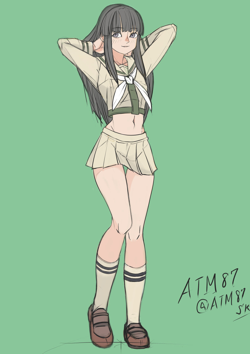 Safebooru - 1girl absurdres atm87 black eyes black hair blunt bangs full body green background ...