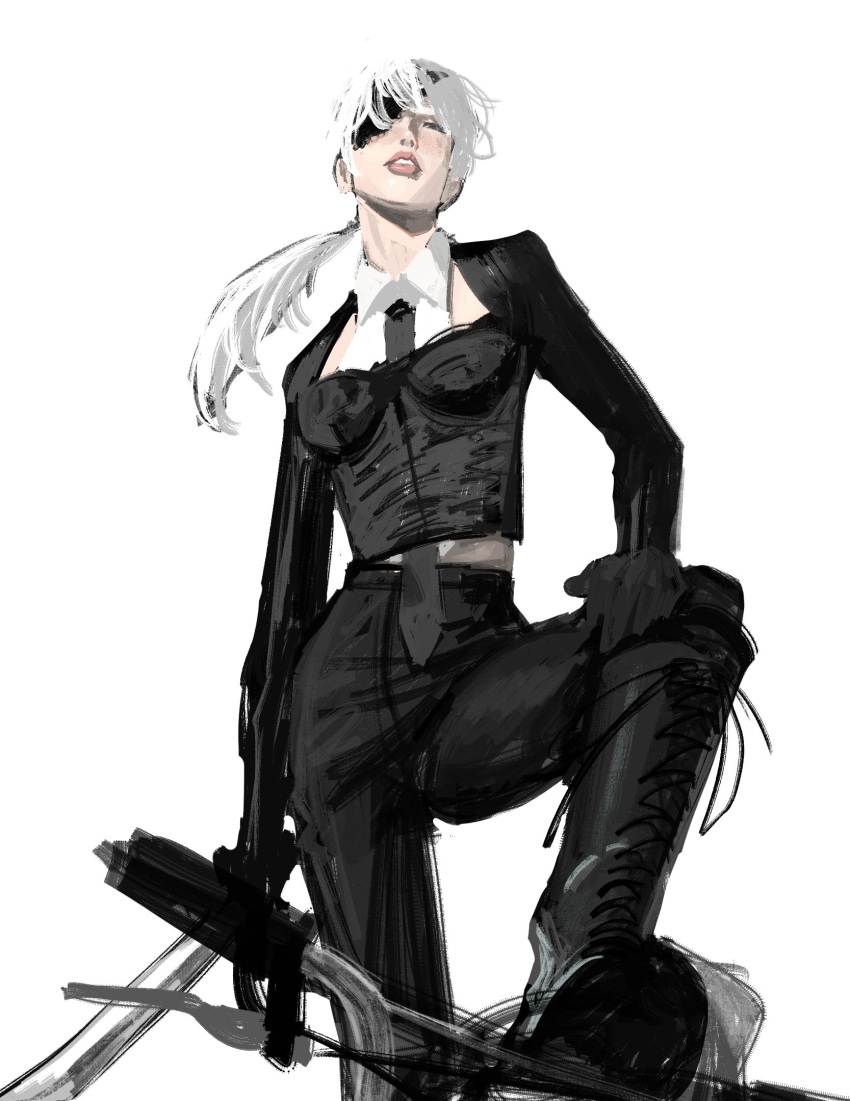 Safebooru - 1girl black boots black gloves black necktie black pants black shirt boots chainsaw ...