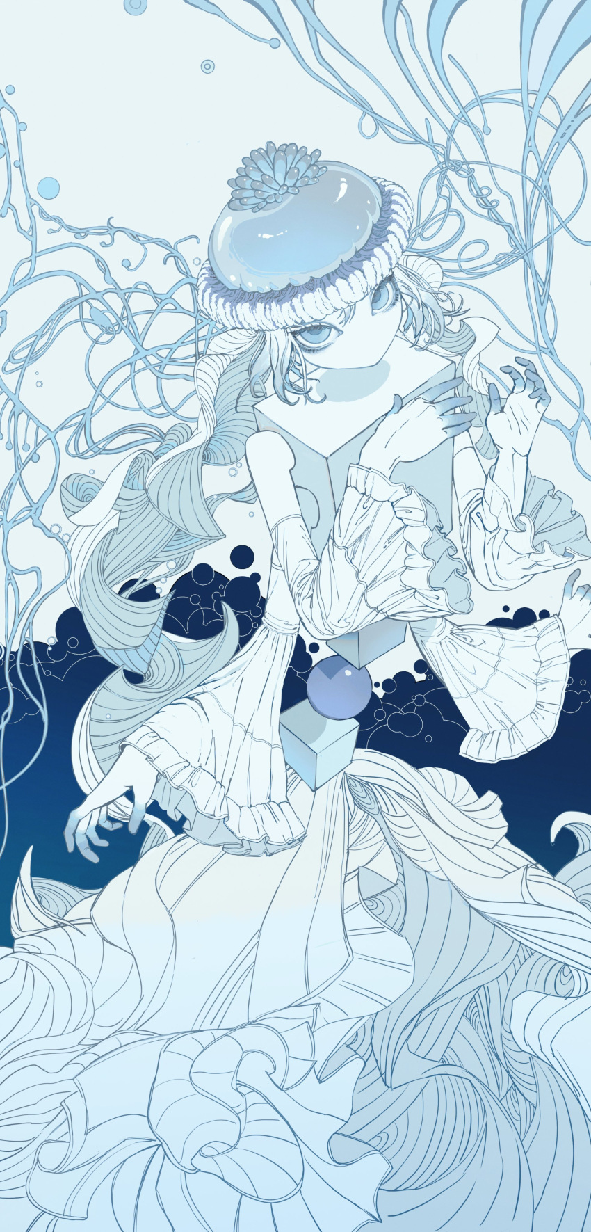 Safebooru - 1girl abstract background absurdres blue eyes blue hat blue theme colored skin cube ...