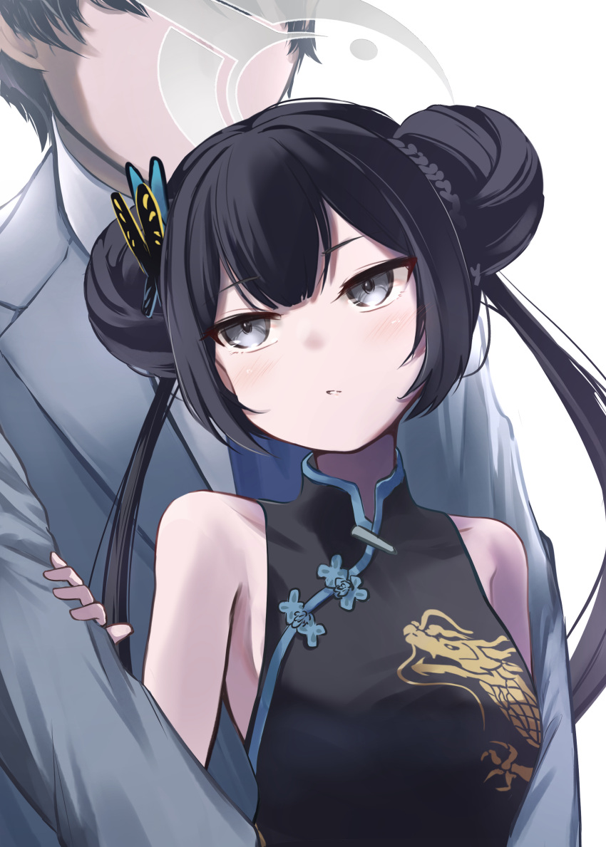 Safebooru - 1boy 1girl absurdres bare shoulders blue archive blush braid braided bun breasts ...