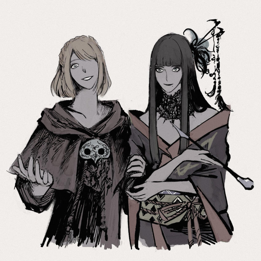 Safebooru - 2girls athena (ff14) black capelet black collar black hair ...