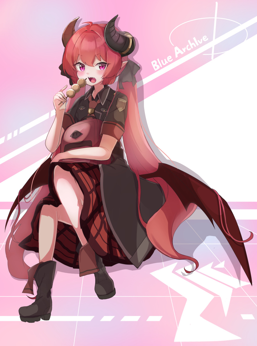 Safebooru - 0kami 89zo 1girl absurdres ahoge black boots black bow black horns black shirt blue ...