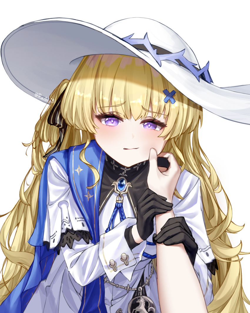 Safebooru - 1girl 1other absurdres black bow black collar black gloves blonde hair blue gemstone ...