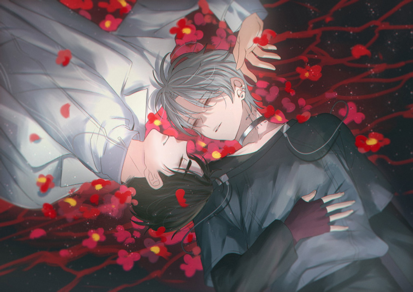 Safebooru - 2boys alien stage black hair black shirt chinese commentary choker closed eyes coat ...