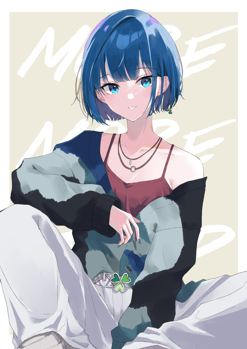 Safebooru - 1girl absurdres armpit crease between legs black (kbym) blue eyes blue hair blue ...