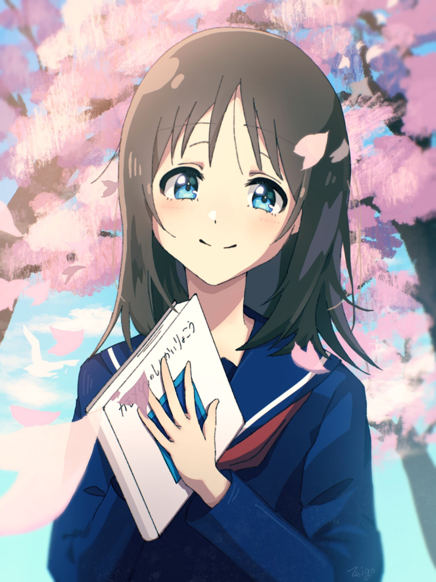 Safebooru - 1girl black hair blue eyes blue serafuku book cherry blossoms half-closed eyes hana ...