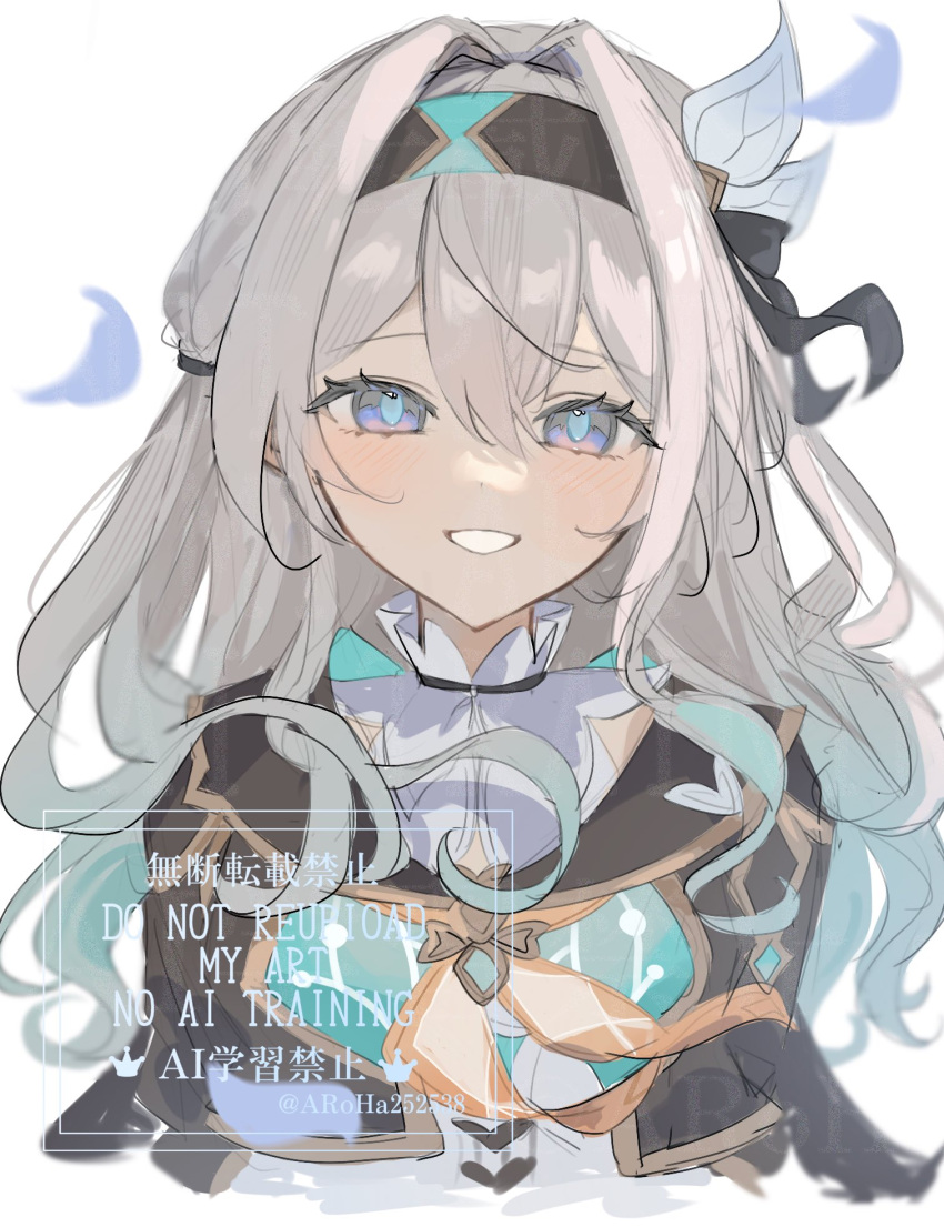 Safebooru - 1girl aroha252538 black hairband blue petals blue pupils blush collar collared shirt ...