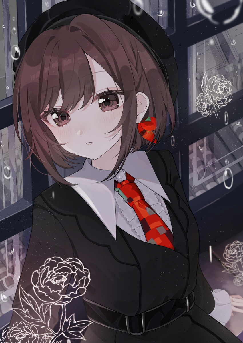 Safebooru - 1girl absurdres belt beret black belt black coat black hat brown eyes brown hair ...