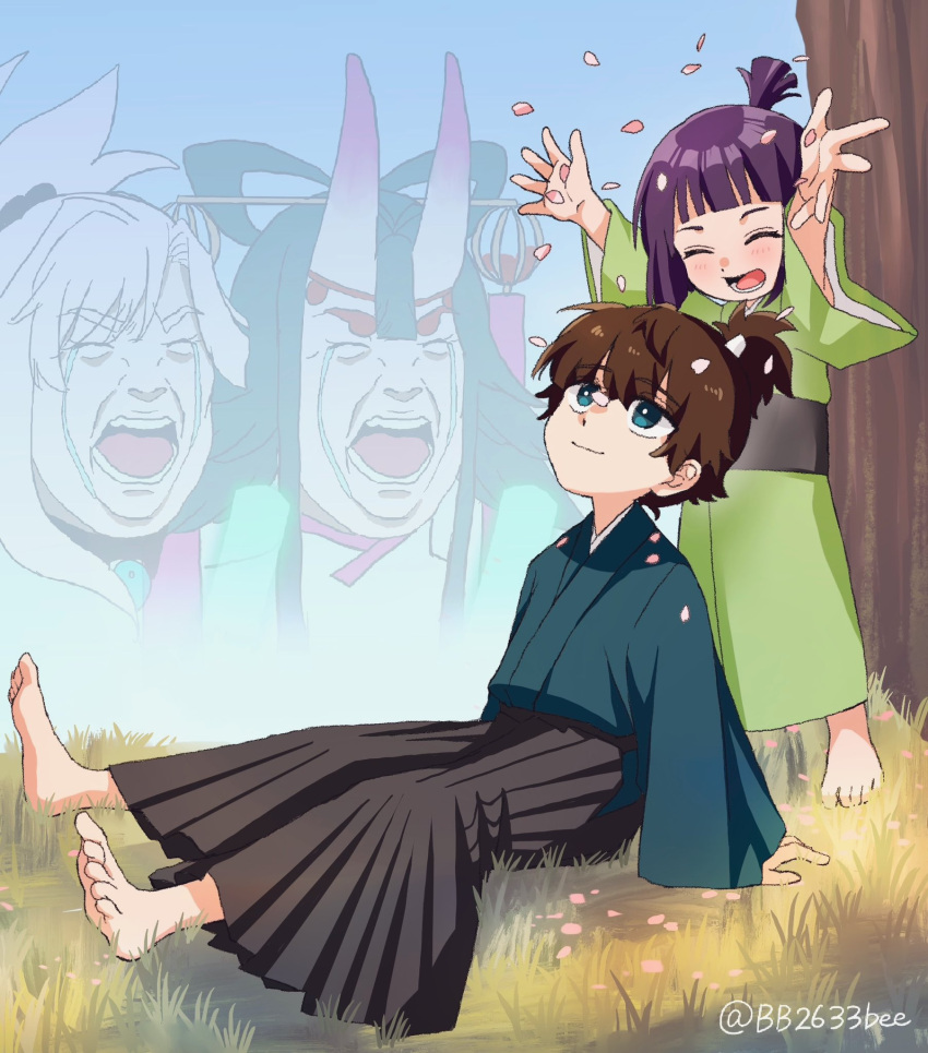 Safebooru - 1boy 3girls aged down barefoot bb2633bee blue eyes blue hair blue sky blush bow ...